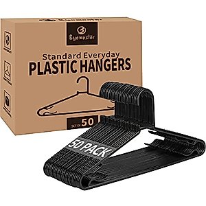 Byomostor Black Plastic Hangers 50 Pack, Light Weight Durable Clothes Hangers G-Shape Standard Size Non-Slip Coat Hanger Adult Clothes Hangers for Laundry & Everyday Use -Slim & Space Saving
