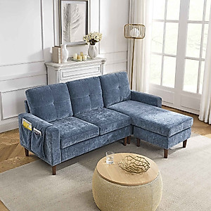 ATY Convertible Sectional Sofa with Removable Ottoman and Cushions, 3 Seats L-Shape Chenille Couch w/Pocket & Rubber Wood Legs, Perfect for Livingroom, Aapartment, Small Space, 80", Navy