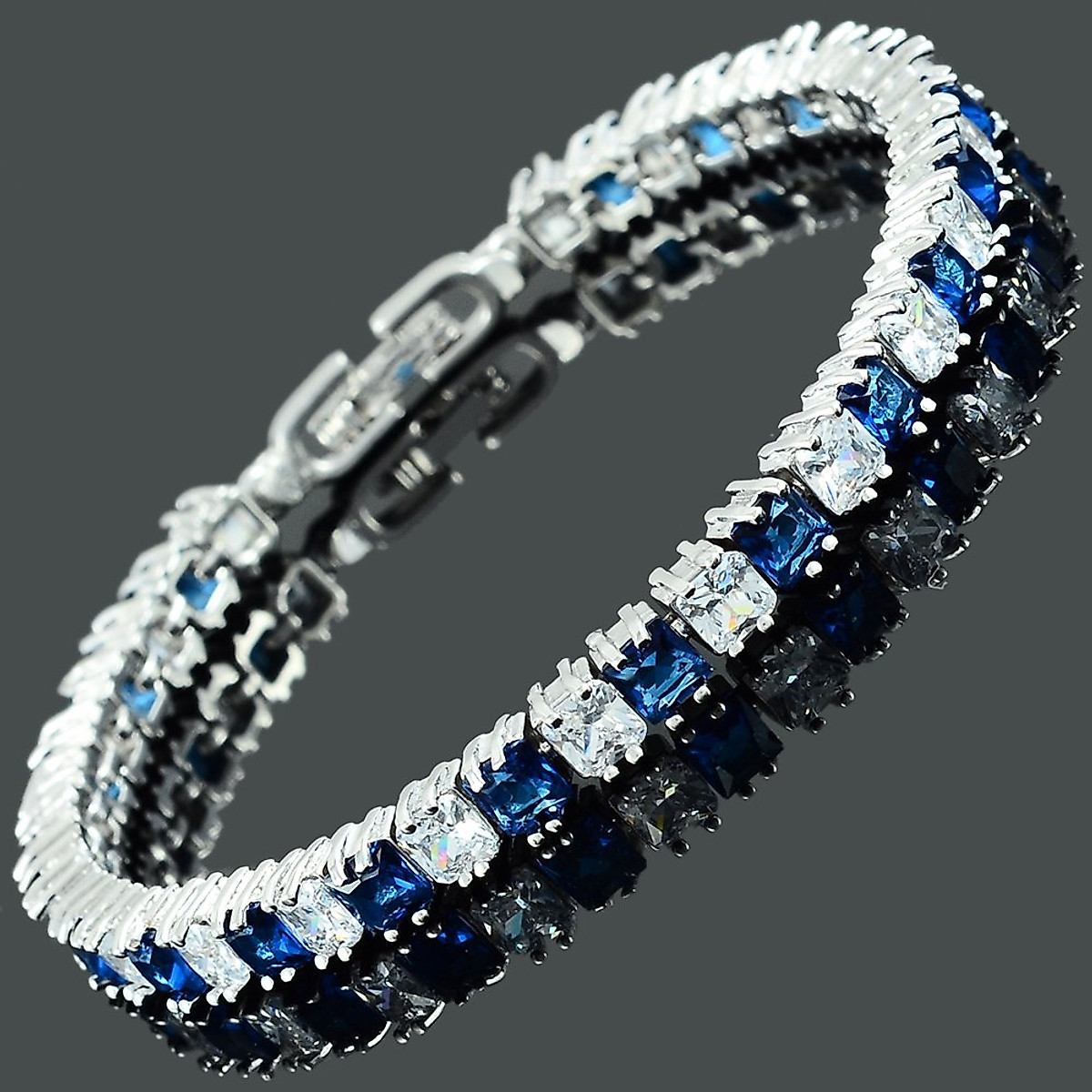 RIZILIA Ice Cube Princess Cut Simulated Blue Sapphire CZ 18K White Gold Plated Tennis Bracelet, 7"