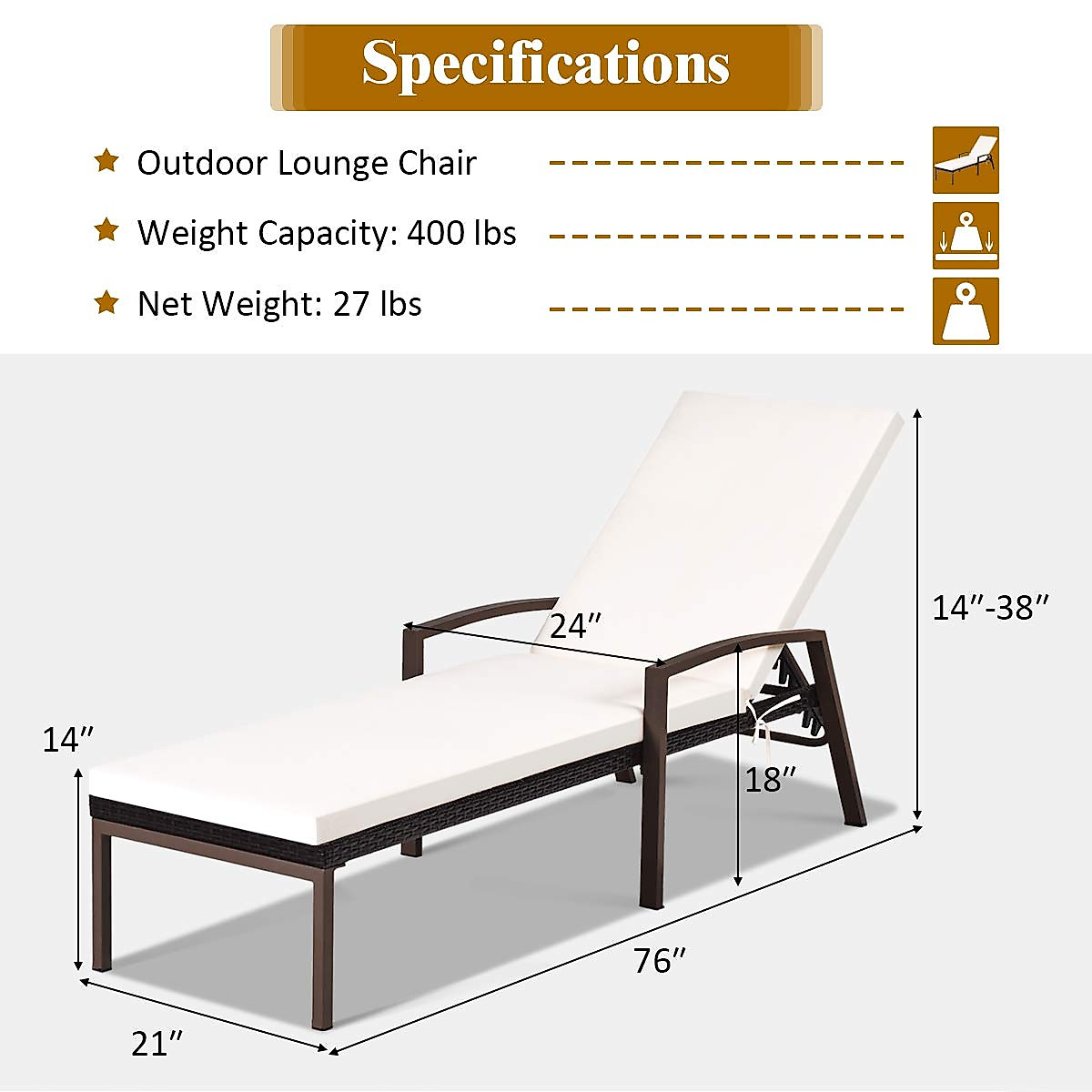 COSTWAY 2PCS Rattan Lounge Chair Outdoor, Patio Wicker Chaise Lounge with 5-Position Adjustable Backrest, Soft Cushion & Arm Rest, Pool Recliner Set of 2 for Poolside, Deck, Backyard (White)