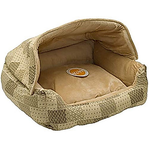 K&H Pet Products Hooded Lounge Sleeper Pet Bed Tan Patchwork Print 20 X 25 Inches