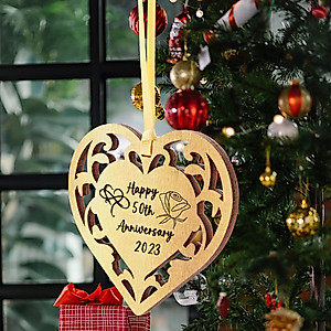 Happy 50th Anniversary 2023 Engraved Heart Wooden Quote Hanging Ornament Party Decorations Supplies Gifts for Husband Wife Boyfriend or Girlfriend Anniversary Valentines Day Romantic Gifts for Her Him