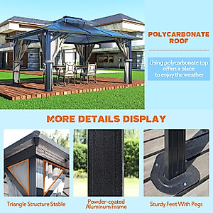 MUPATER Outdoor 10' x 13' Polycarbonate Hardtop Gazebo with Aluminum Frame, Double Roof Canopy, Netting and Curtainsfor Patios, Deck, Lawns, Gardens and Pools