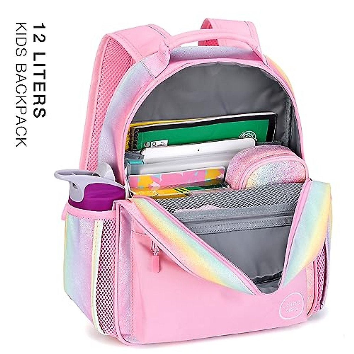 mibasies Girls Backpack for School, Kids Backpack School Bag for Elementary Age 5-8, Pink Blue Rainbow