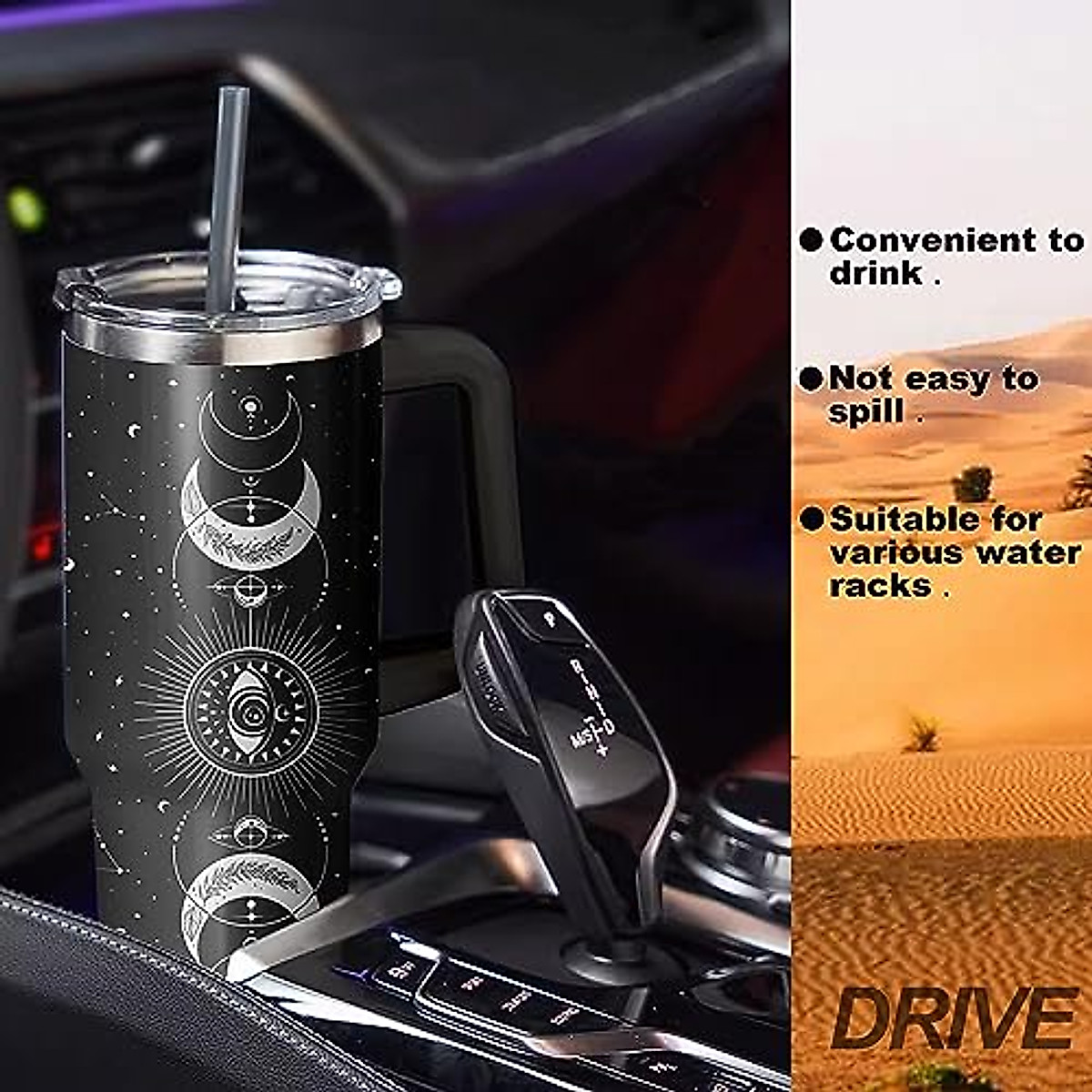 coolgood 40 Oz Boho sun moon and stars Mug Tumbler Stainless Steel Vacuum Insulated Mug with Handle Double Vacuum Travel Coffee Cup on Screw Lid and Straw