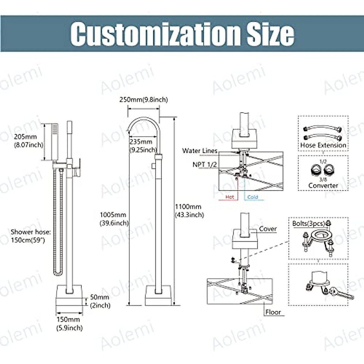 Aolemi Matte Black Freestanding Tub Filler Bathtub Faucet Floor Mounted Bathroom Waterfall Tap Brass Swivel Spout Single Handle with Handheld Shower