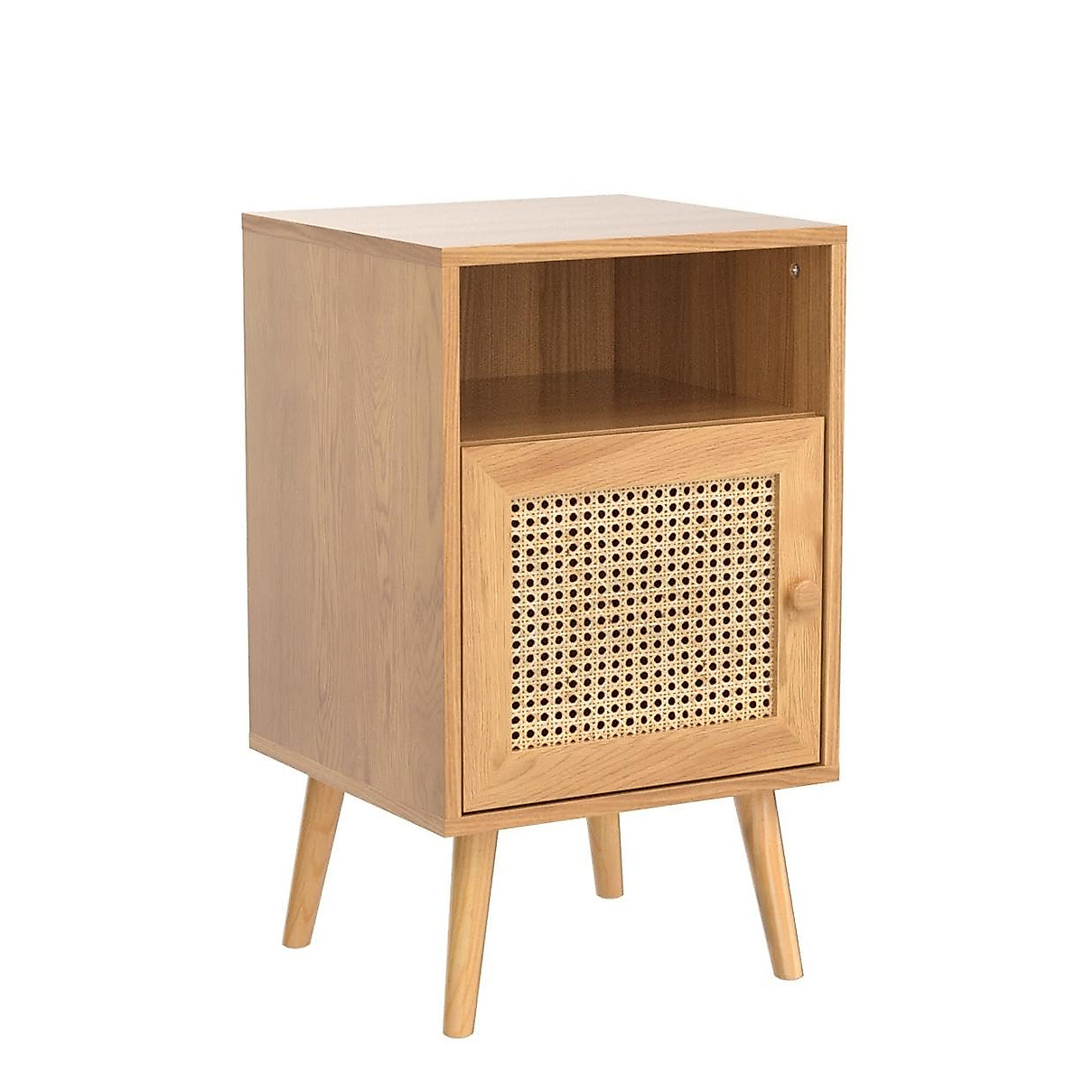 Xilingol Modern Rattan Nightstand, Boho Side Table with Handmade Rattan Decorated Door, Wood Bedside Table with Open Storage Shelf for Bedroom,Natural (no Charging Station, 1)