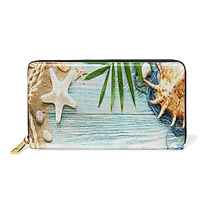 Beach Seashell Starfishes Leather Long Wallet Organizer with Zipper Purse Clutch Bag for Women Men