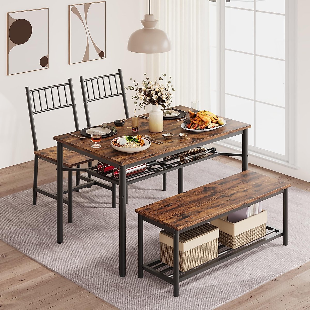 IDEALHOUSE Dining Table Set for 4, Kitchen Table and 2 Chairs with Storage Bench, 47.2" Rectangular Kitchen Table Set with Wine Rack, Dining Room Table Set for Small Space, Apartment, Rustic Brown