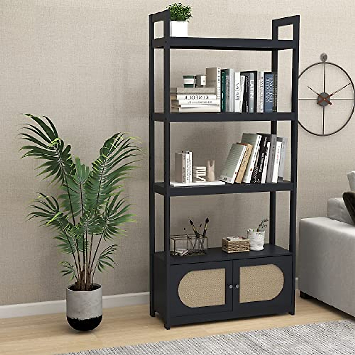 LANTRO JS Bookshelves Bookshelf and Bookcase 4 Tier Bookshelf Storage Rack Shelves with 2 Doors Bedroom Storage Equipment for Living Room Home Office, Black, 31.5"×11.81"×70.87"