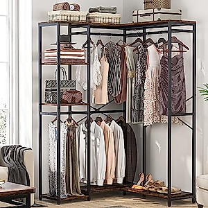 Tribesigns L-Shaped Clothes Rack for Corner, Heavy Duty Garment Rack with Shelves and Hanging Rods, Freestanding Closet Wardrobe Rack Metal Clothing Rack for Bedroom, Capacity 500lbs