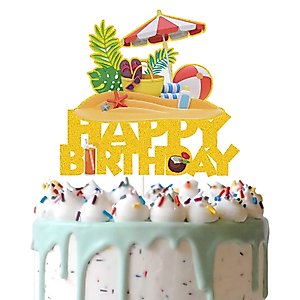 Gold Glitter Beach Happy Birthday Cake Topper, Summer Beach Birthday Cake Decor, Hawaiian Luau Bday Party Decoration Supplies