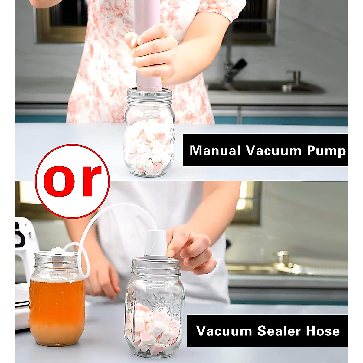 SOCTKE Mason Jar Vacuum Sealer Set,6PCS Stainless Steel Lid SplitType with Vacuum Valve,with Leak proof & Airtight Seal Features,Use for Food StorageFreshFermentation(with Hose and Manual Vacuum