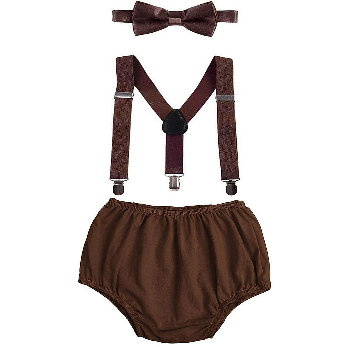 ODASDO Toddler Kids Baby Boy 1st First Birthday Cake Smash Outfit Bow Tie Y-back Suspenders Bloomers Diaper Cover Shorts Pants 3pcs Clothes Set One Year Old Photo Props Coffee