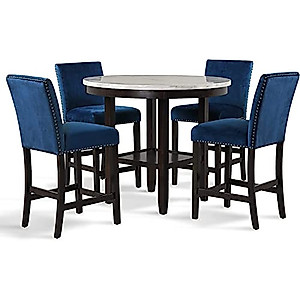 New Classic Furniture Celeste 5-Piece Faux Marble Round Counter Set with 1 Table and 4 Chairs, 42-Inch, Blue