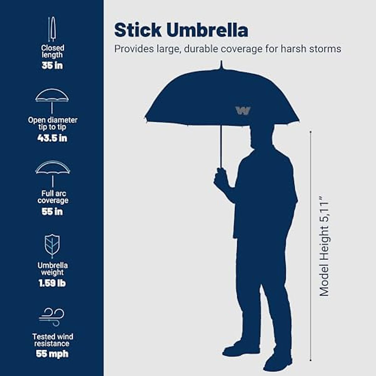 Weatherman Umbrella - Stick Umbrella - Windproof Umbrella Resists Up to 55 MPH Winds - (White)