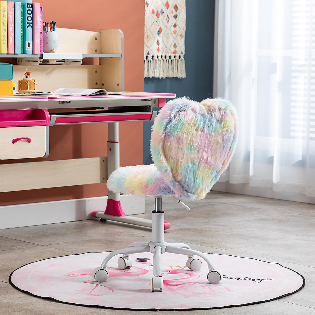 Kmax Kids Reading Chair, Rolling Cute Desk Chair for Girls Swivel Office Chair with Wheels & Heart Back Adjustable Childrens Vanity Chair for Bedroom Reading Room - Faux Fur, Various