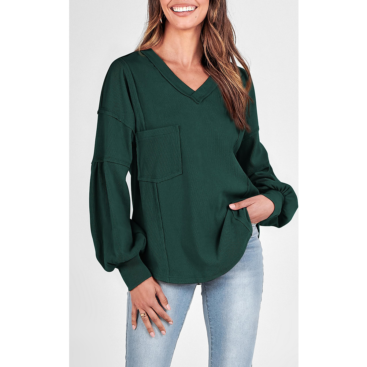 BTFBM Women's Ribbed Long Sleeve Tops 2025 Summer Spring Pullover Knit Casual V Neck Blouses Trendy Loose Fit Tunic Top(Solid Dark Green, Large)