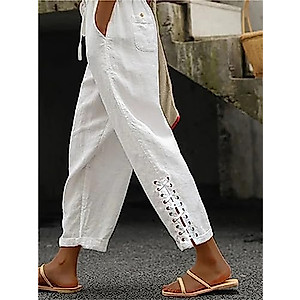 BIRW Size L White Womens Linen Pants with Pockets High Waist Comfy White Gauze Pants for Women Casual Summer Lightweight Loose Embroider Oceanside Trousers Tapered Ninth Pants
