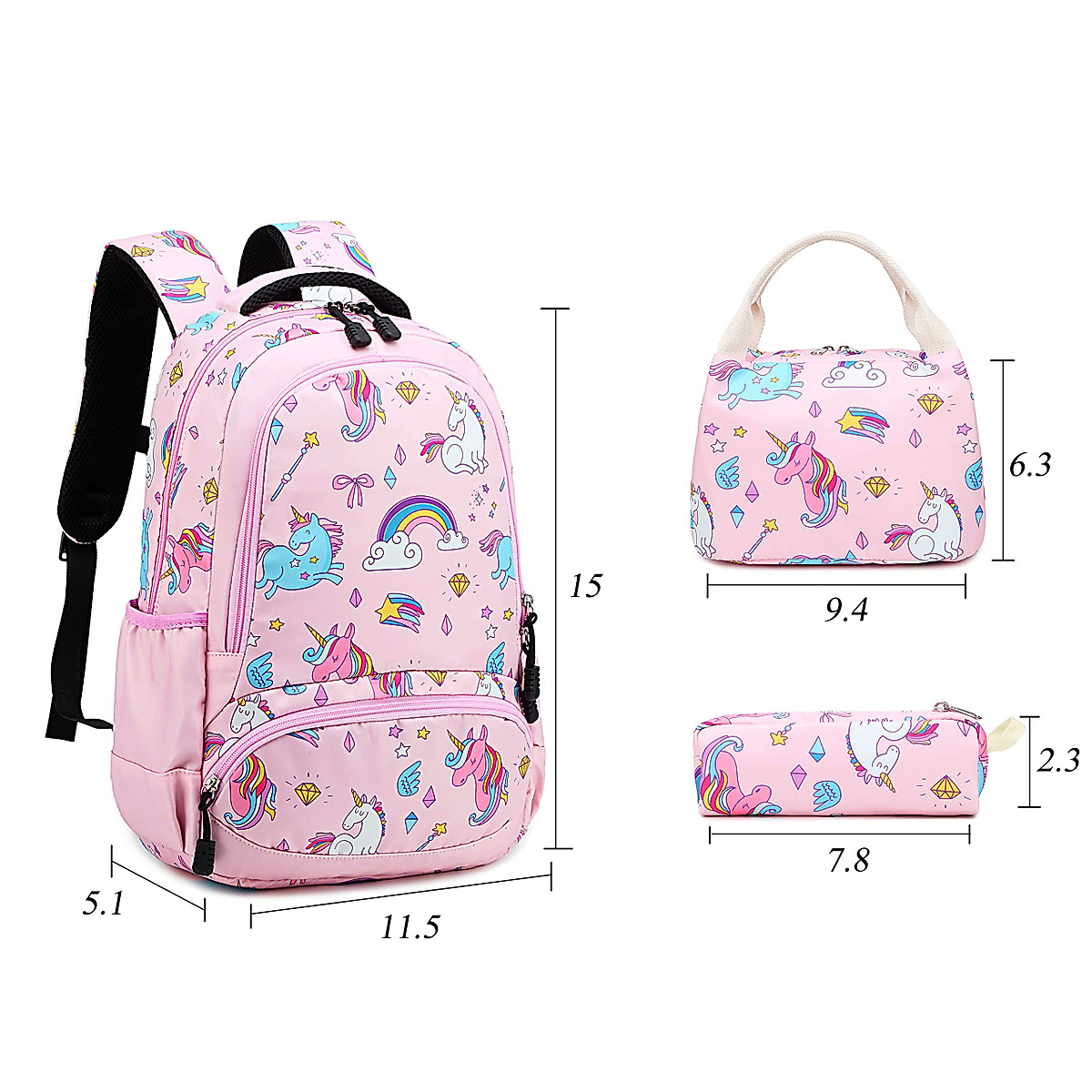 Unicorn School Backpack for Girls - 3 in 1 Kids Waterproof Cute School Bookbag Set with Lunch Bag Pencil Case for Kindergarten Elementary Pink
