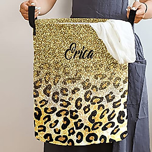Golden Leopard Print Personalized Waterproof Foldable Laundry Basket Bag with Handle, Custom Collapsible Clothes Hamper Storage Bin for Toys Laundry Dorm Travel Bathroom