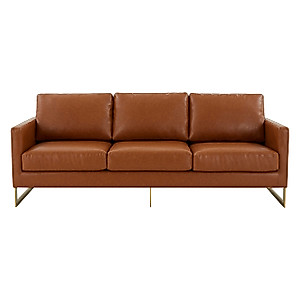 LeisureMod Lincoln Modern Mid-Century Upholstered Leather 83" Sofa with Gold Frame (Cognac Tan)