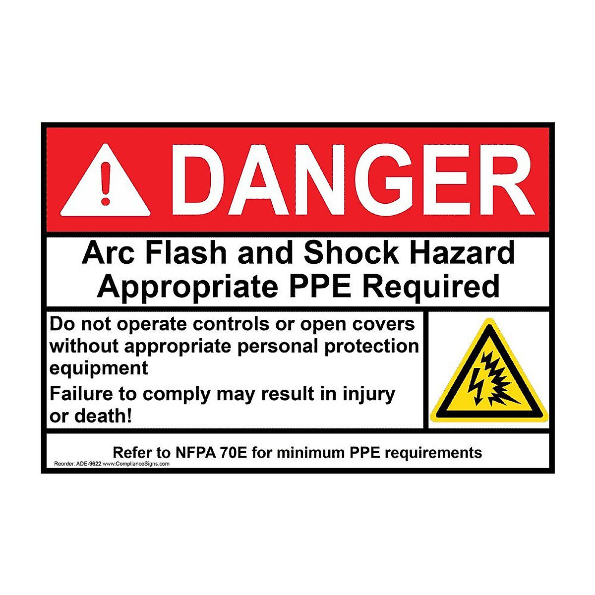 ComplianceSigns.com DANGER Arc Flash And Shock Hazard Appropriate PPE ANSI NFPA 70E Safety Label Decal, 5x3.5 inch 100-Pack Vinyl for Electrical