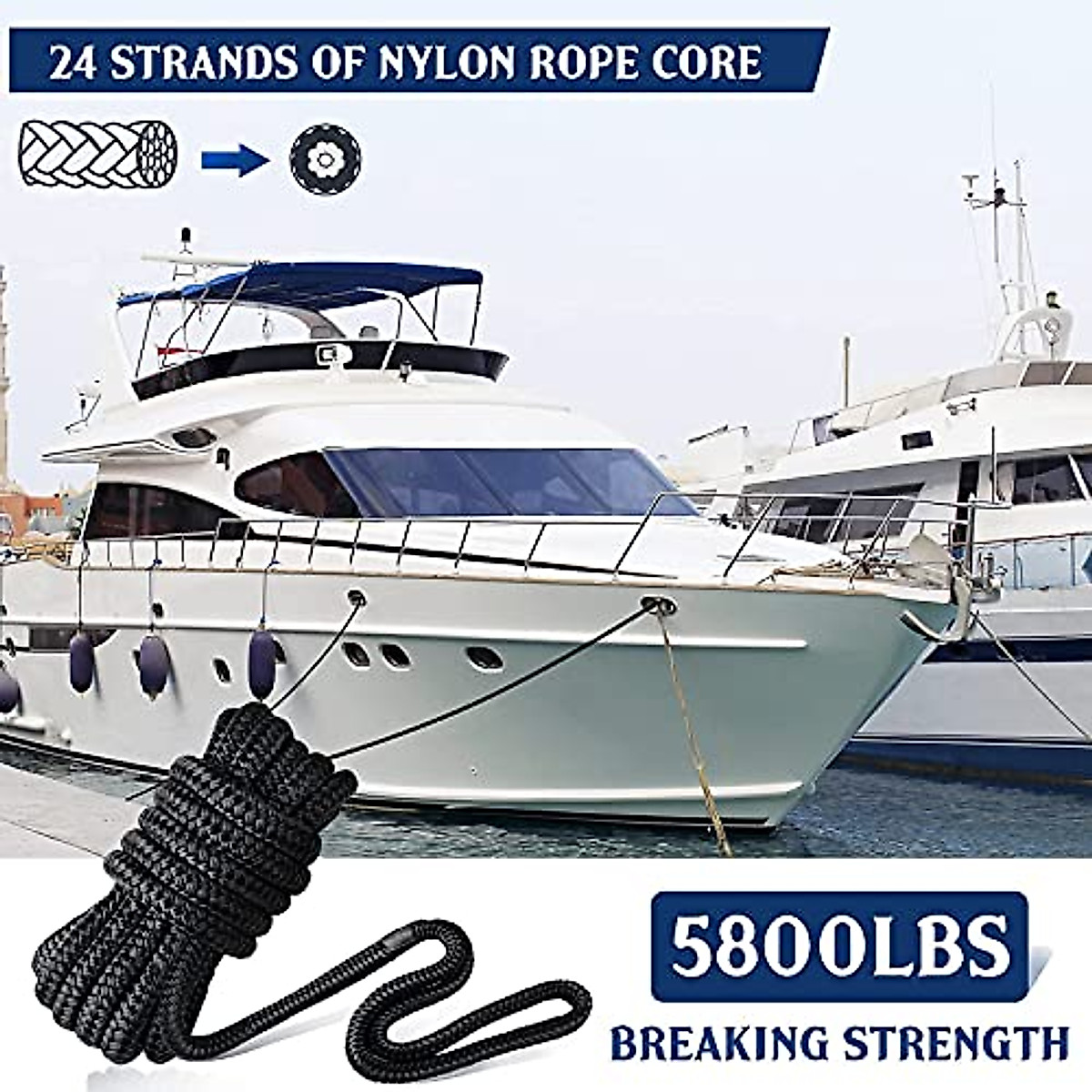 Dock Lines & Ropes Boat Accessories - 4 Pack 3/8" x 15' Double Braided Nylon Dock Lines with 12” Loop Excellent 5800 lbs Breaking Strength Marine Rope for Kayak Pontoon Boats up to 30ft Boating Gifts