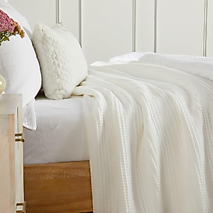 100% Cotton Waffle Striped Full Queen Size Blanket | Soft, Breathable, and Lightweight Bed Blanket for All-Season | Perfect for Layering | Amelia Collection (F/Q, White)