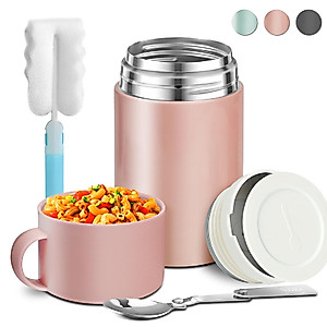 Baokai Insulated Food Jar 18 oz, Leak Proof Soup Thermos for Kids Adults, Stainless Steel Thermal Lunch Container for Hot Food with Folding Spoon for School Office Camping Picnic Travel - Pink