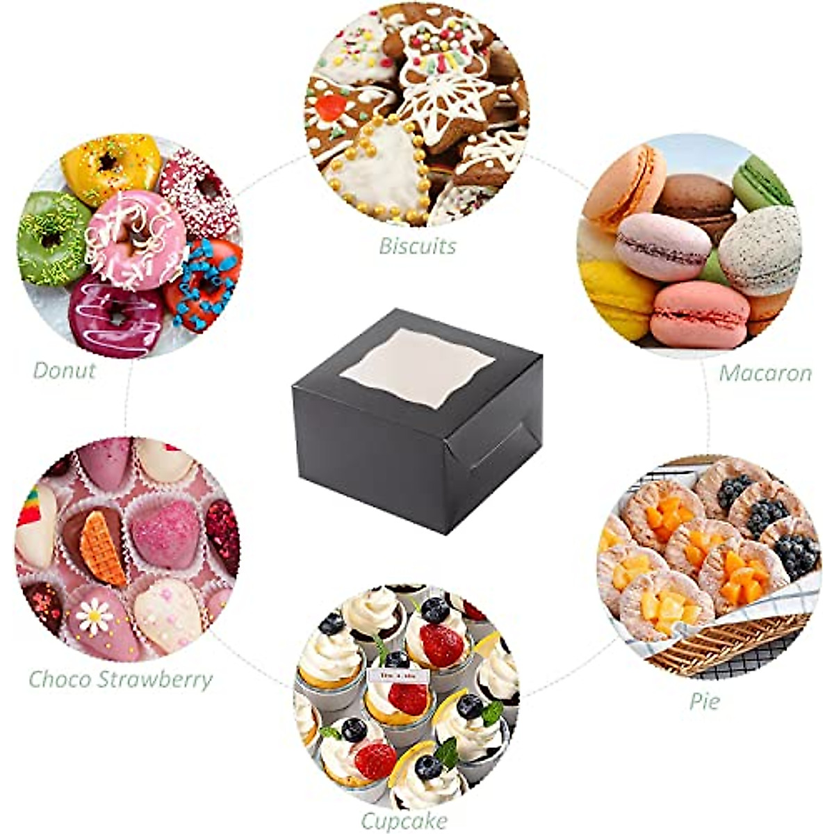Bekoetoz 100Pcs Paper Cookie Boxes With Window Small Bakery Boxes 4x4x2.5 Inches Mini Cake Boxes For Pastries,Cupcakes,Desserts,Donuts,Chocolate Strawberries,Candy,Treat Boxes(4 * 4 * 2.5,Black)