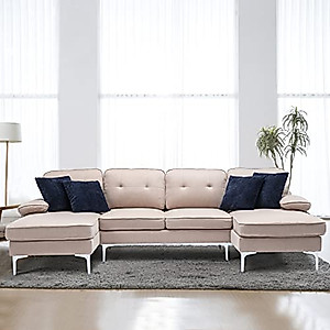 Zugoni 110''Sectional Sofa U Shaped Sectional Couch, Large Sectional Couches with Tufted for Living Room, Comfy Soft Chaise Sectional Sofas, Modern Linen Sectionals with 4 Free Throw Pillows, Beige