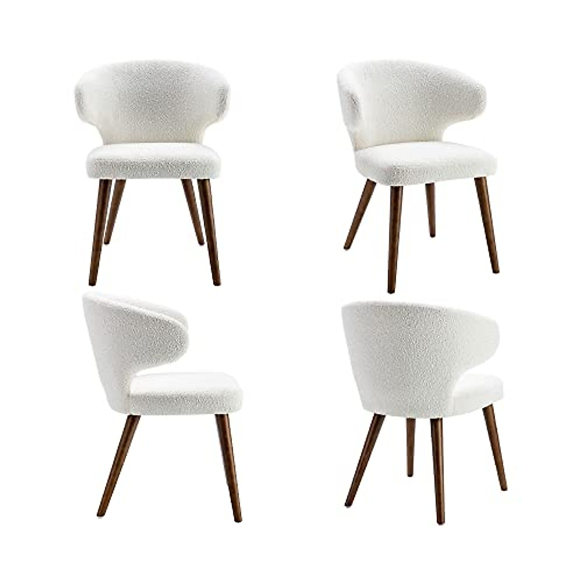 VESCASA Sherpa Modern Dining Chairs with Wood Legs, Upholstered Curved Back Side Chairs for Dining Room/Living Room, Set of 4, White