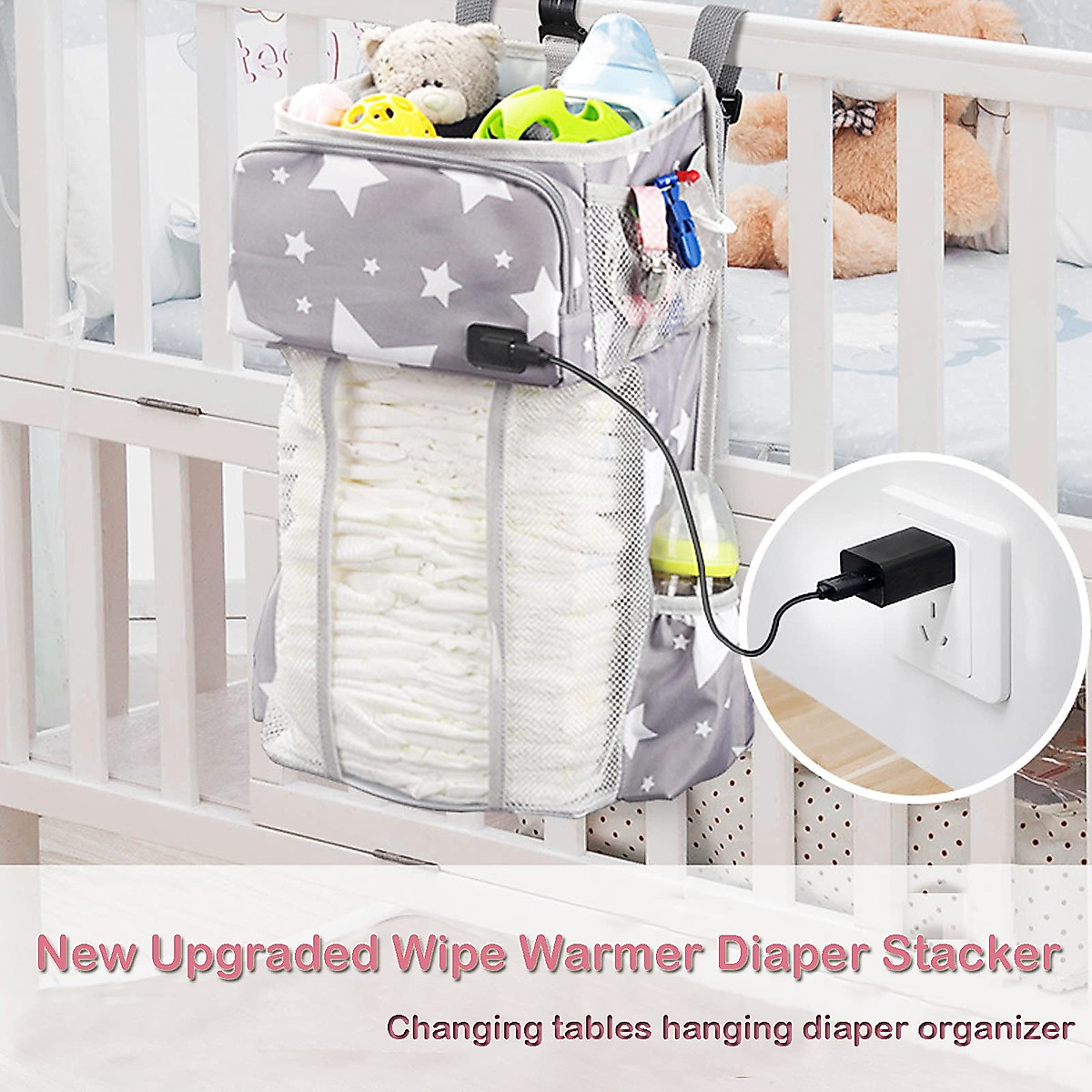 Inlisy Hanging Diaper Caddy - New Upgraded Wipe Warmer Diaper Stacker, Hanging Diaper Caddy Organizer for Changing Tables, Cribs, Walls and Doors -Gifts for Mom Newborn(Grey Stars)