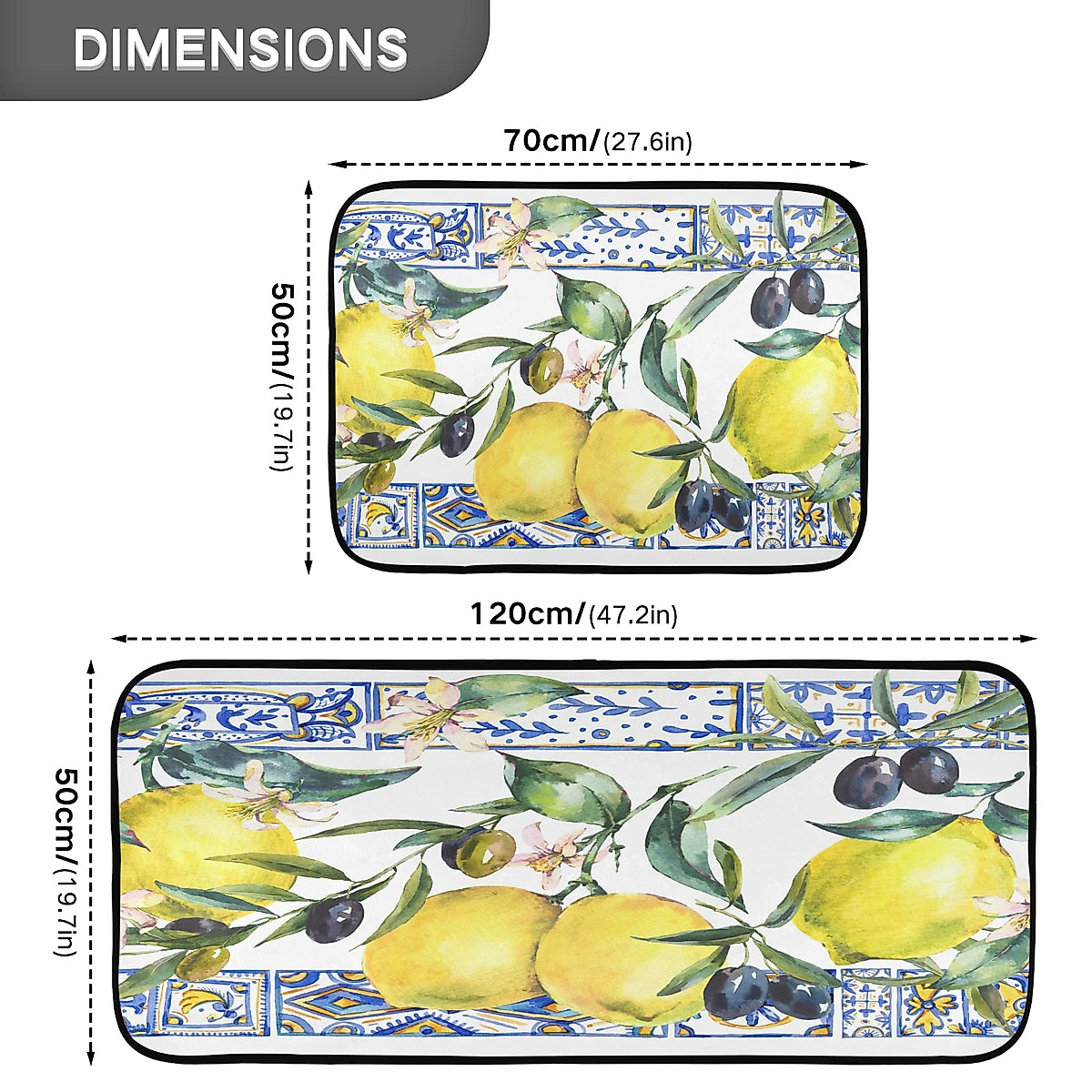 Washable Kitchen Rugs Set 2 Piece Watercolor Lemon Olive Branches Anti Fatigue Floor Mats Bathroom Carpet, 27"x19" and 47"x19"