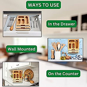 DEPAZZ - Bamboo Ziplock Bag Storage Organizer for Kitchen Drawer & Wall Mount - 6 in 1 Foil & Plastic Wrap Dispenser with Cutter - Suitable for Gallon, Quart, Sandwich & Snack Bag - Work with 12" Roll