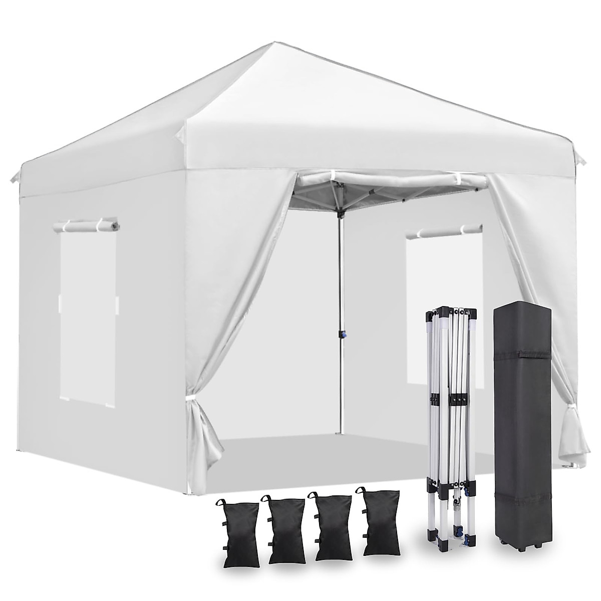 CAJECUS 10'x10' Pop Up Canopy Tent with 4 Sidewalls, Ez Pop Up Outdoor Canopy,Waterproof Commercial Tent with 3 Adjustable Height, Carry Bag,4 Sand Bags,4 Ropes and 8 Stakes(10FTx10FT,White)