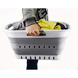 SAMMART 30L (8 gallon) Collapsible 3 Handled Plastic Laundry Basket - Foldable Pop Up Storage Container/Organizer - Space Saving Hamper/Basket (White/Grey)