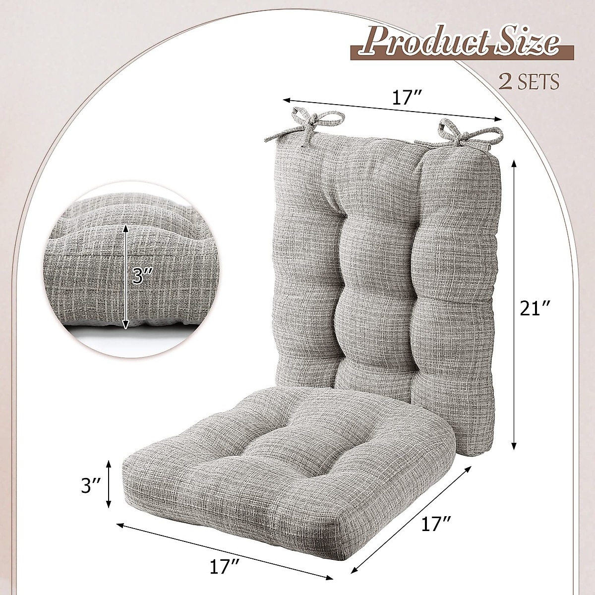 Fumete 4 Pack of Rocking Chair Cushion Set, 2 Rocking Chair Seat Cushions and 2 Back Cushions with Ties, Washable Rocker Chair Pads for Indoor, Outdoor, Living, Dining Room, Office, Nursery Use, Gray