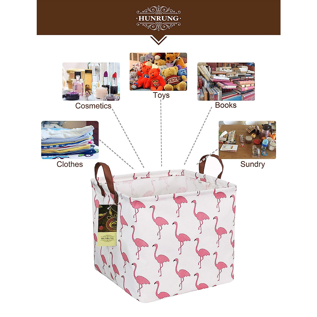 HUNRUNG Square Storage Bins Nursery Hamper Canvas Laundry Basket Foldable with Waterproof Nursery Boxes for Shelves/Gift Baskets/Toy Organizer/Office, Bedroom (Square-Pink Flamingos)