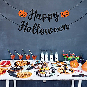 Pre-Strung Happy Halloween Banner - NO DIY - Black Glitter Halloween Banner - Pre-Strung Garland on 6 ft Strand - Pumpkin Jack O'Lantern Halloween Party Decorations & Decor. Did we mention no DIY?