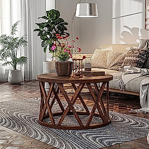 COZAYH Farmhouse Coffee Table, Rustic Round Coffee Table with X-Motifs Legs, Wood Textured Top, for Boho, French Country Decor, Brown