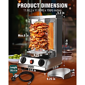 WantJoin Shawarma Grill Machine, Gas Vertical Rotisserie with 2 Burners for Home, Countertop Rotating Doner Kebab Oven Broiler Gyro Maker with Shovel, 11.6 * 11.8 * 19 inches, 110V
