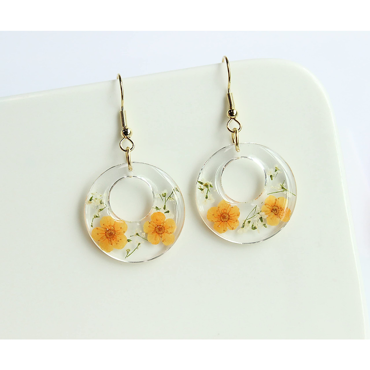 SIEASY Pressed flower Earrings, real Dried Flowers Pendant Earrings Orange Floret Gold earrings