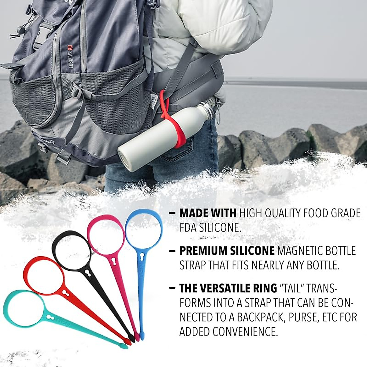 OHMY FIT Neo Magnetic Silicone Ring Strap for Water Bottle - Water Tumbler Strap Versatile Sports Bottle Ring - Water Bottle Carrier Strap for Gym, Backpack, Belt, Hiking, Outdoors & More (Teal)