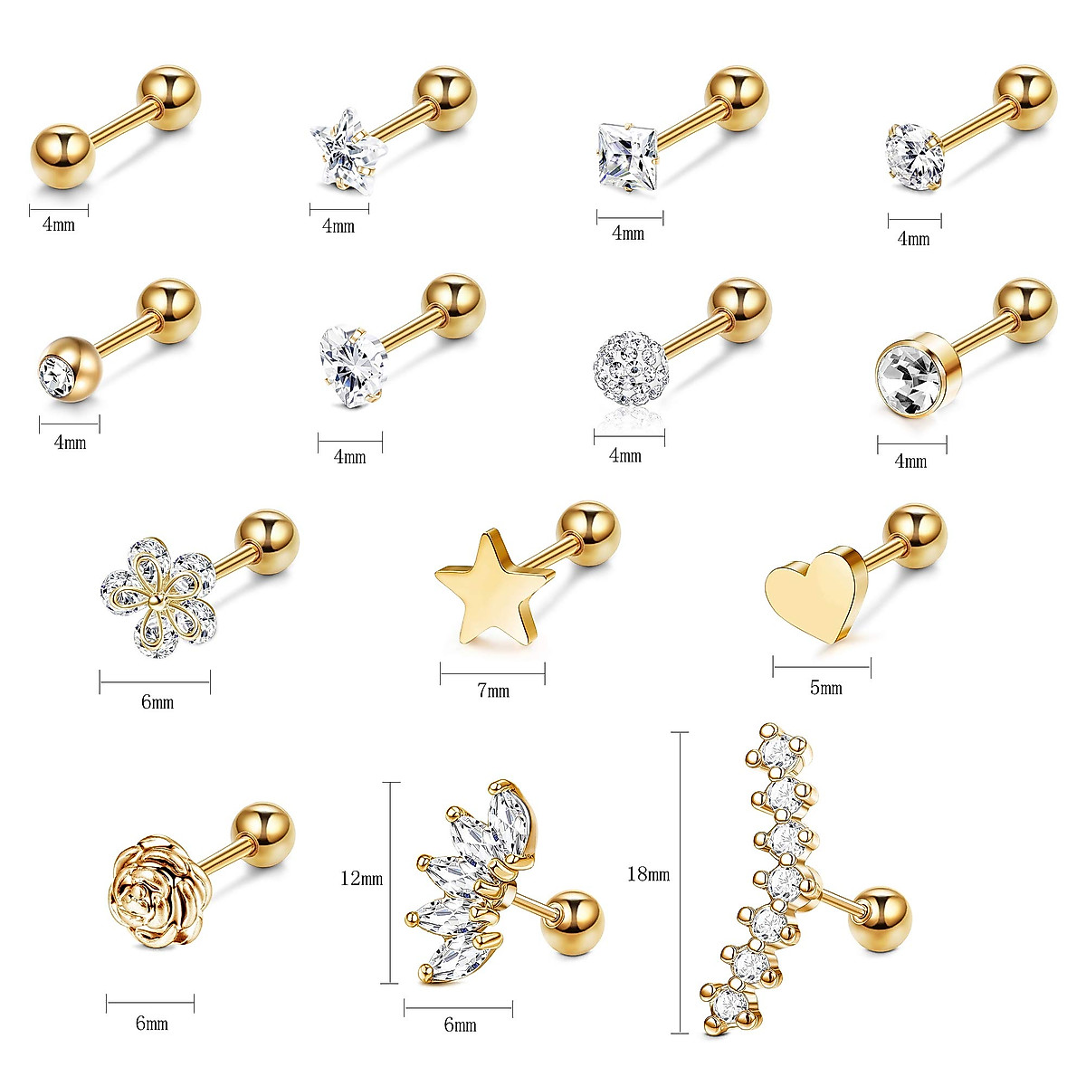 YADOCA Surgical Steel Cartilage Earrings for Women Men Cartilage Piercing Jewelry Stainless Steel Tragus Earrings Gold Cartilage Earring Sets for Multiple Piercing Conch Helix Tragus Piercing Jewelry