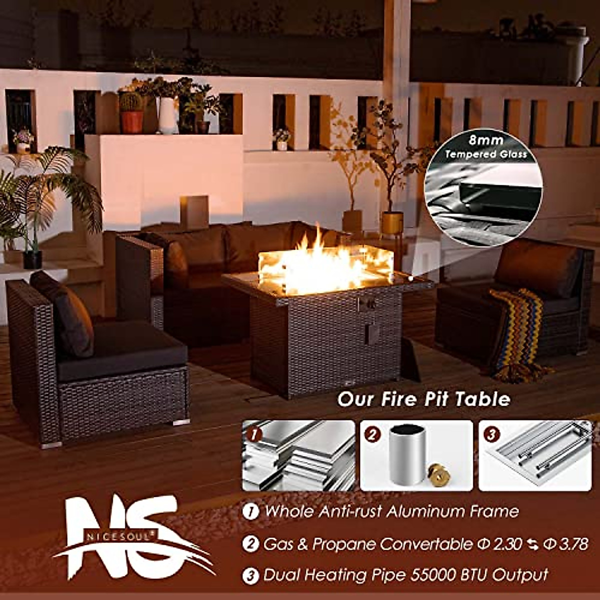 NICESOUL Large Size 5Pcs Patio Sectional Furniture Set with Firepits Outdoor High Back Conversation Sets with Gas/Propane Fire Pit Table Luxury Modular Sofa Set for Balcony Yard Garden