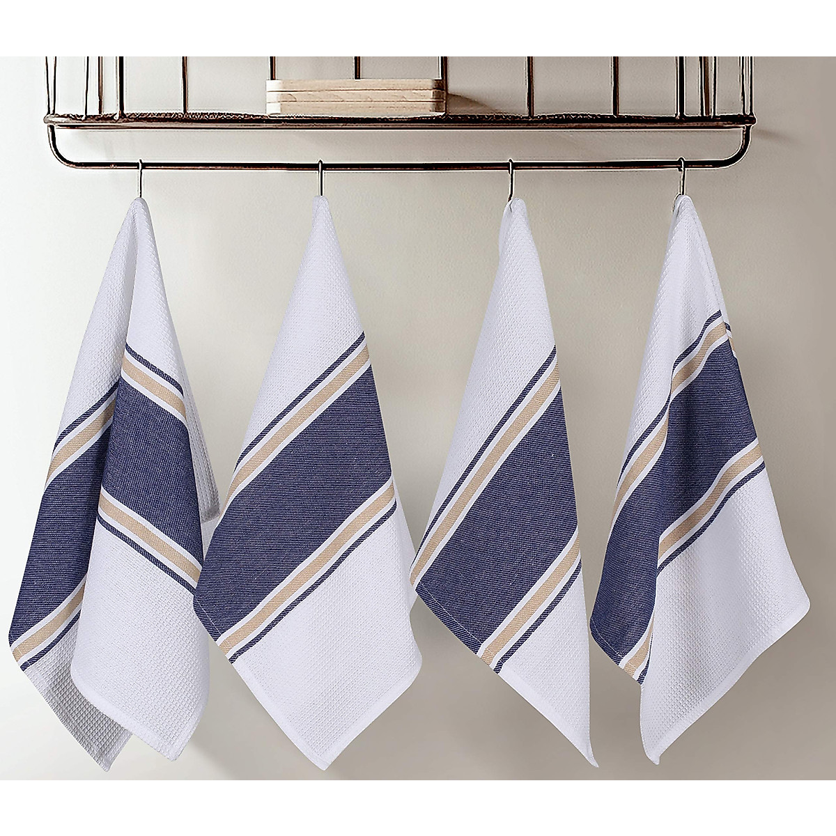 Bedding Craft- Set of 6 Blue/Beige Waffle Stripe Kitchen Towel – Absorbent Cotton Dishcloths for Drying Dishes, Farmhouse Kitchen Decor, Bar Towels, and More