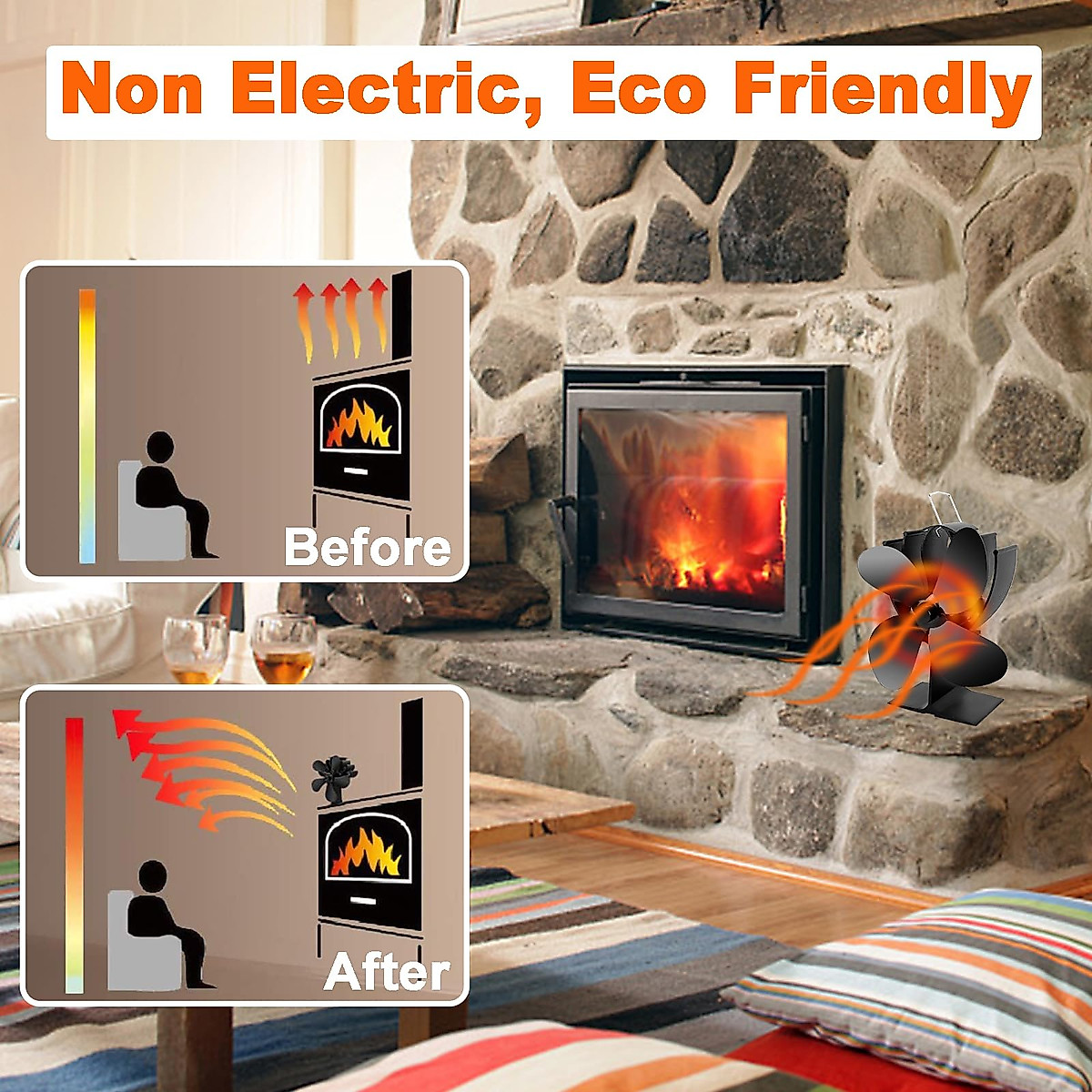 drtulz Wood Stove Fan Black Fireplace 4 Blade Heat Powered Stove Fan for Wood Log Wood Burner Fireplace Eco Friendly Fan for Home