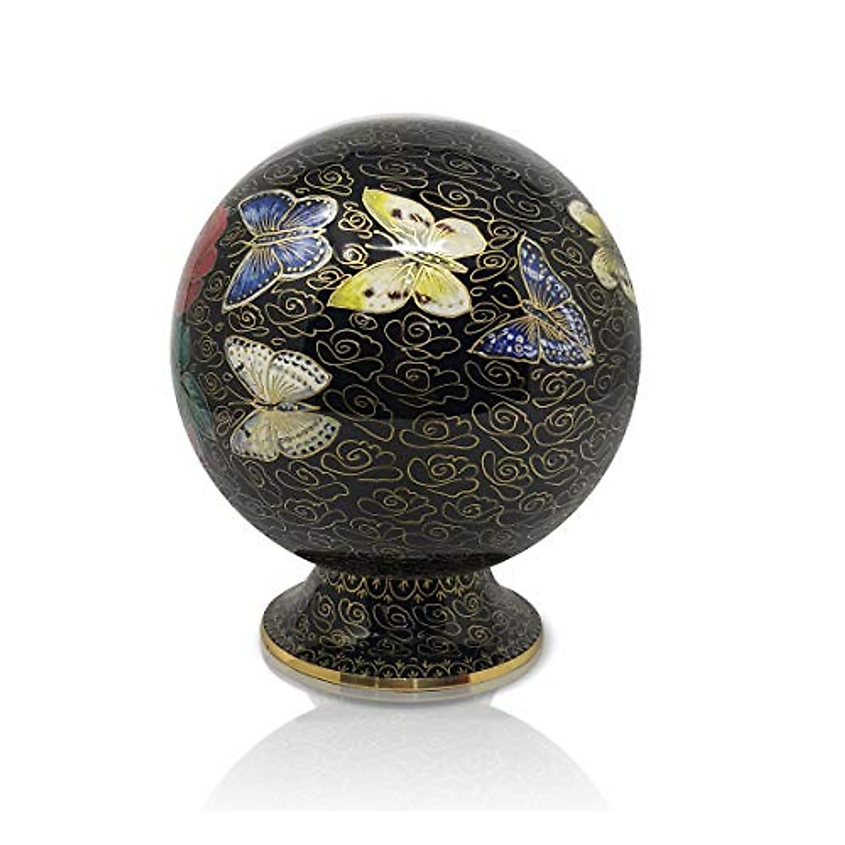Precious Handicraft Keepsake Butterflies on Rose Floral Globe Style Cremation Urn - 100% Handcrafted Adult Funeral Urn - Solid Affordable Large Urn for Human Ashes, (Black)